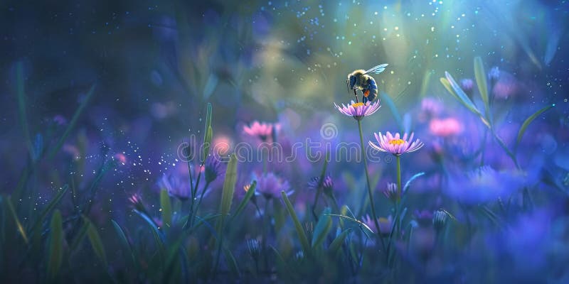 Magical Bee on Night Blooms Stock Image - Image of night, illuminated ...