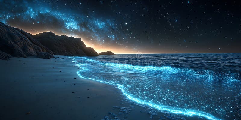 Magical Bioluminescent Beach at Night Stock Illustration - Illustration ...