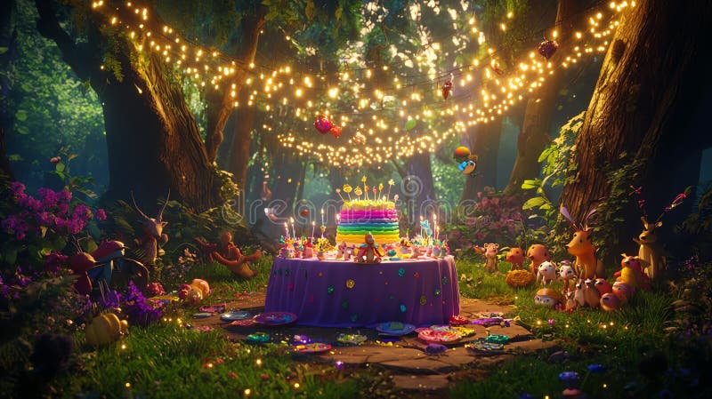 A Magical Birthday Party in the Forest with a Rainbow Cake Stock ...