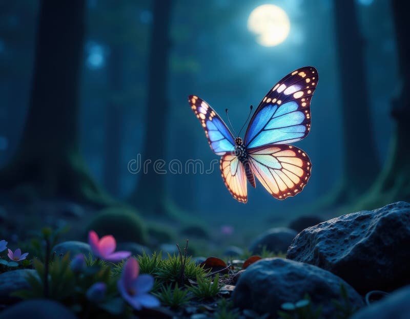 Magical Blue Butterfly in Moonlight Forest Stock Illustration ...