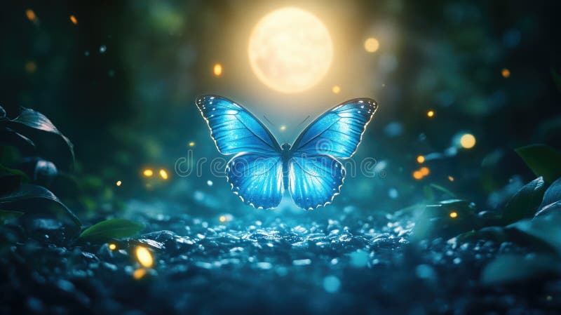 Magical Blue Butterfly Under Moonlit Forest Glow Stock Photo - Image of ...