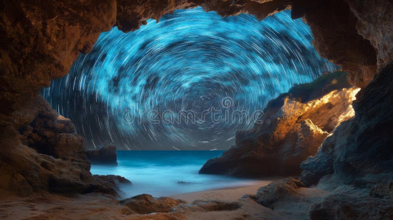 Magical Blue Cave at Night with Glowing Stars and Ocean View Stock ...