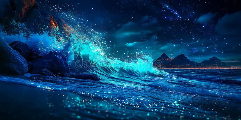 Magical Blue Ocean Wave Night Scenery Stock Illustration - Illustration ...