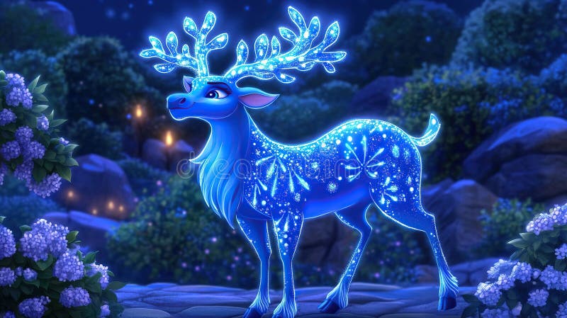 Magical Blue Reindeer Night Garden Fantasy Stock Photo - Image of night ...