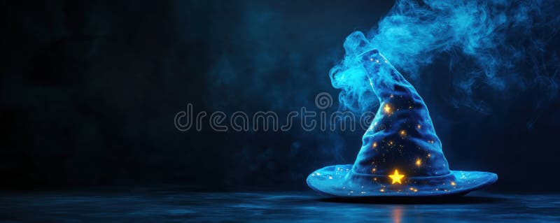 Magical Blue Wizard Hat with Glowing Stars and Smoke Effects in Dark ...