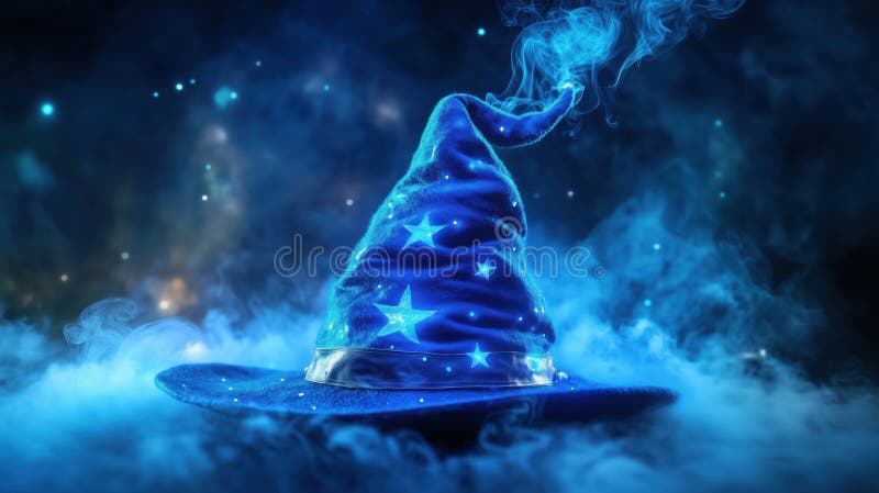 Magical Blue Wizard Hat with Stars and Smoke Effects in Mystical ...