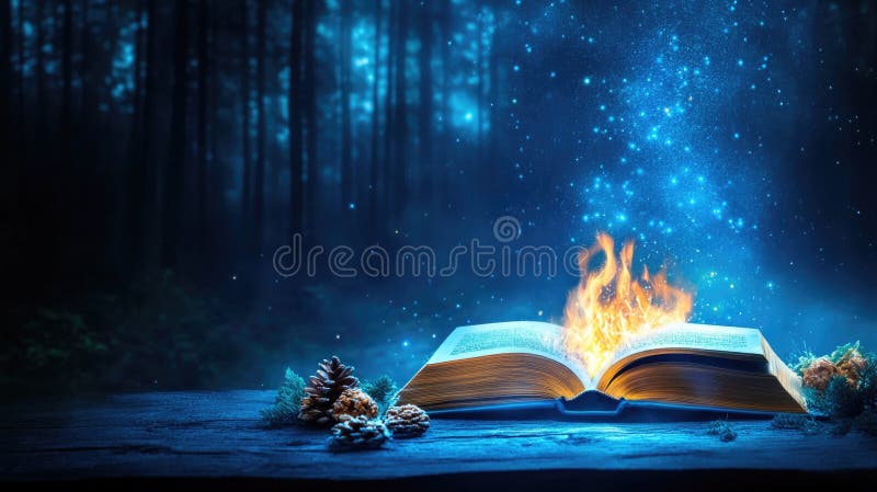 Magical Book Ablaze Amidst Enchanted Forest at Night Stock Image ...