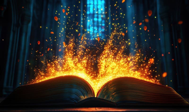 Magical Book Bursting with Sparks and Light in a Mystical Setting Stock ...