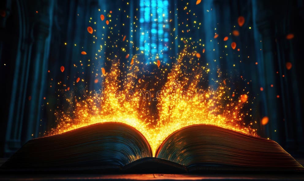 Magical Book Bursting with Sparks and Light in a Mystical Setting Stock ...