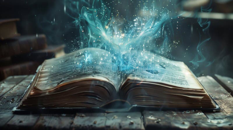 Magical Book Emanates Enchanting Light in a Dimly Lit Library Stock ...