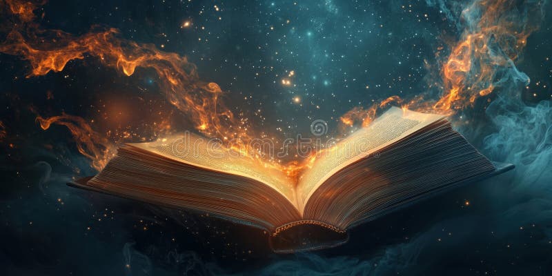 Magical Book Emitting Flames and Cosmic Energy in a Starry Background ...