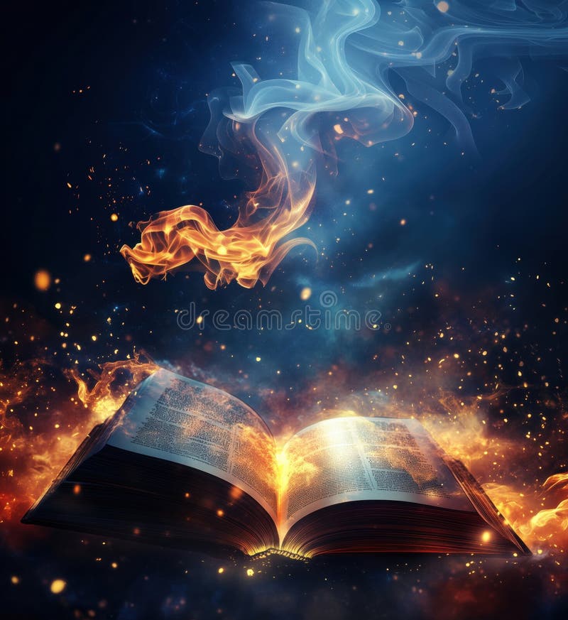 Magical Book Emitting Flames and Smoke in a Cosmic Background Stock ...