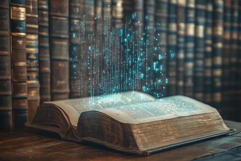 Magical Book with Floating Binary Code, Ancient Library Background ...