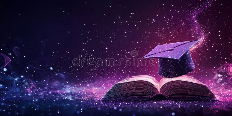 Magical Book with Floating Graduation Cap Stock Photo - Image of magic ...