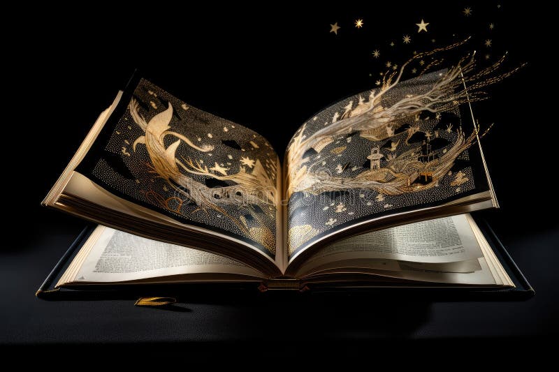 Magical Book, with Flowing Script and Glittering Gold Illustrations ...