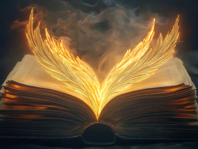 Magical Book with Golden Wings, Ethereal Atmosphere Stock Illustration ...