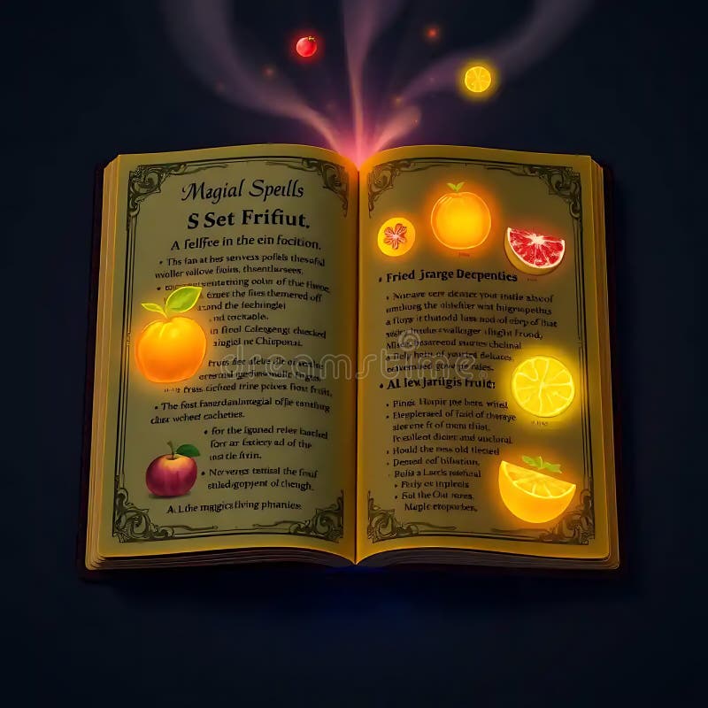 A Spell Book with Magical Spells for Fruits Stock Illustration ...