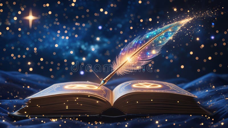 Magical Book with Quill Pen, Open Book with Magical Sparks and a ...