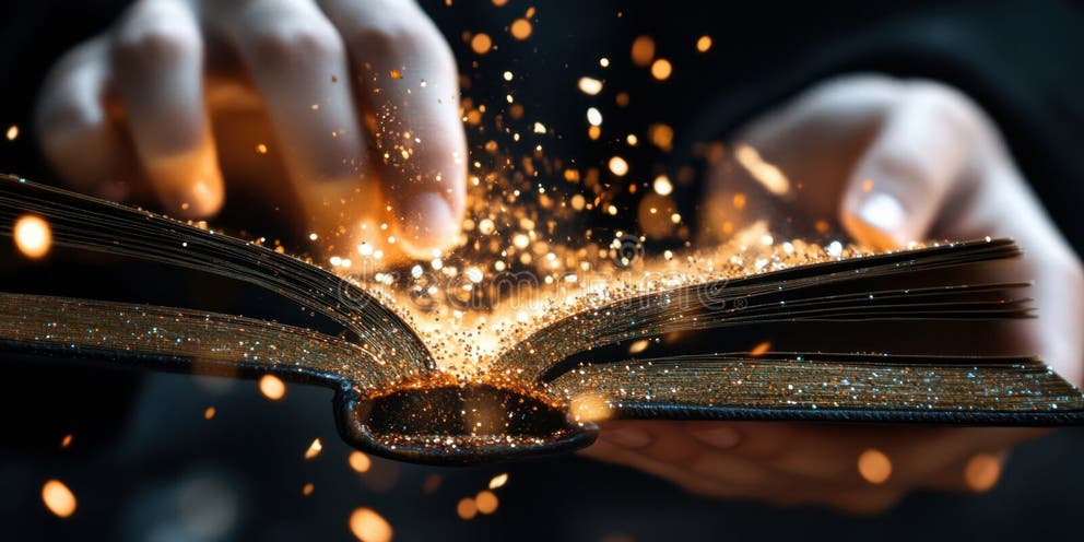 Magical Book with Sparkling Particles and Hands in Mystical Aura Stock ...