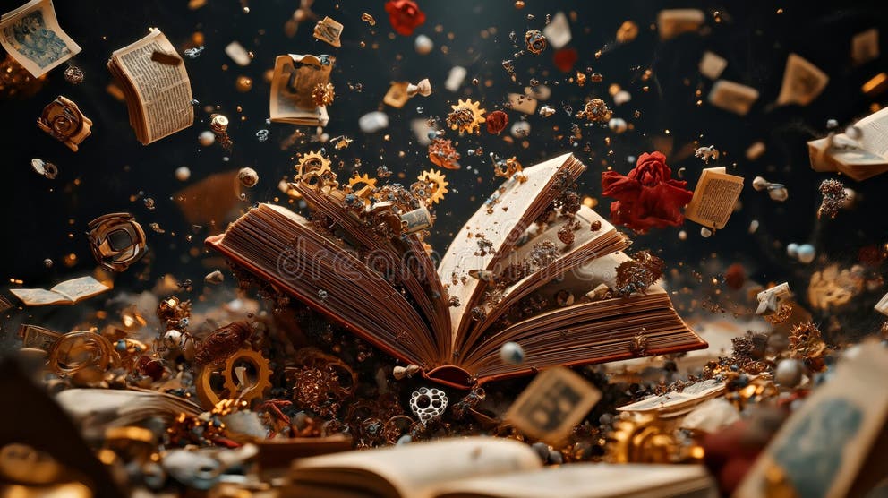 Magical Book and Steampunk Elements Mid-Explosion in Whimsical Fantasy ...