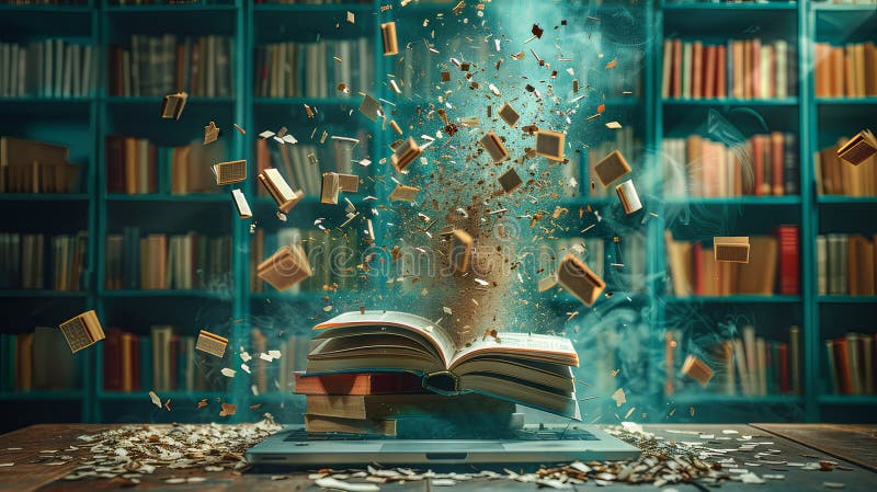 Magical Books Exploding in a Library with Blue Shelves, Conceptual Art ...