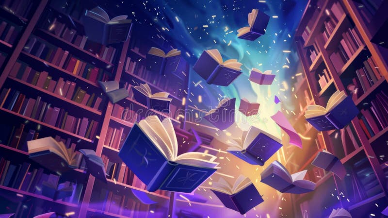 Magical Books Flying in Enchanted Library with Glowing Light Stock ...
