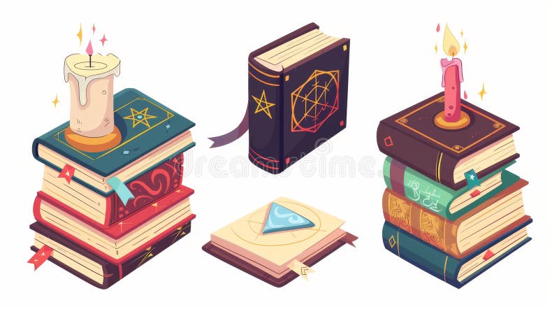 Magical Books on a Stack with Bookmarks. Ancient Mystic Manuscripts ...