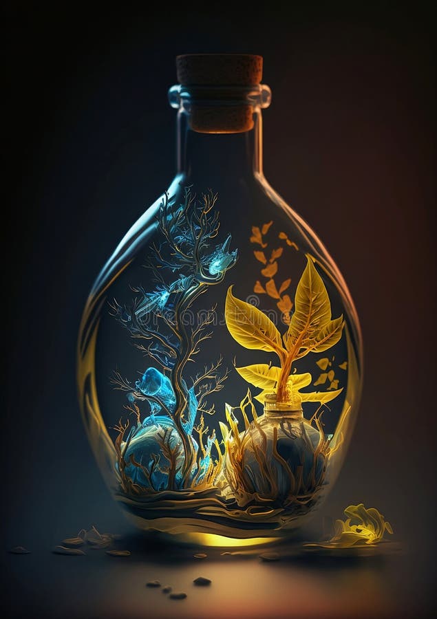 Magical Bottle with Glowing Blue and Yellow Leaves on Dark Background ...