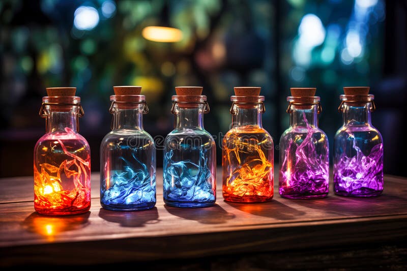 Magical Bottles with Liquid on a Wooden Table Stock Illustration ...