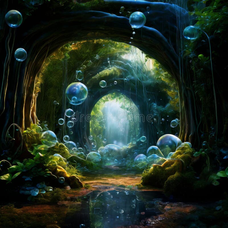 Magical Bubble-filled Forest with Glowing Archways and Water ...