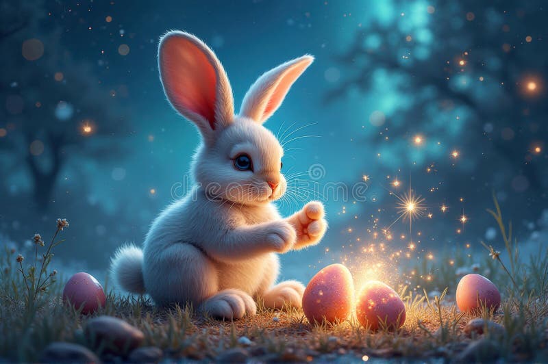 Magical Bunny with Glowing Easter Eggs in Enchanted Forest at Night ...