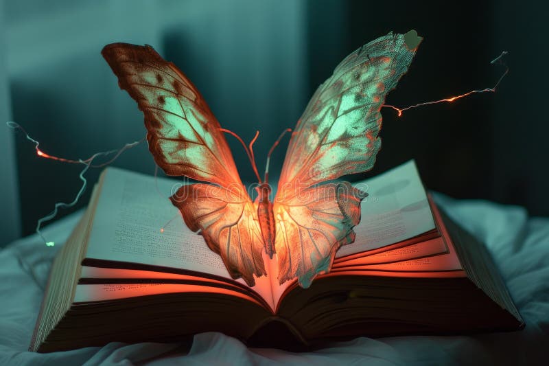 Magical Butterfly on Open Book with Light Stock Photo - Image of book ...