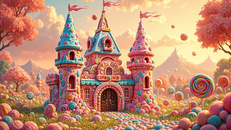 Magical Candy Castle in Glowing Sunset Scene Stock Illustration ...