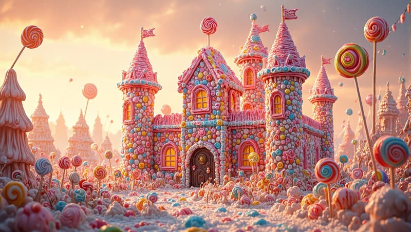 Magical Candy Castle in Glowing Sunset Scene Stock Illustration ...