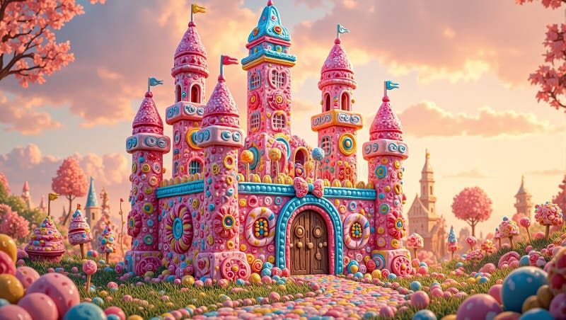 Magical Candy Castle in Glowing Sunset Scene Stock Illustration ...