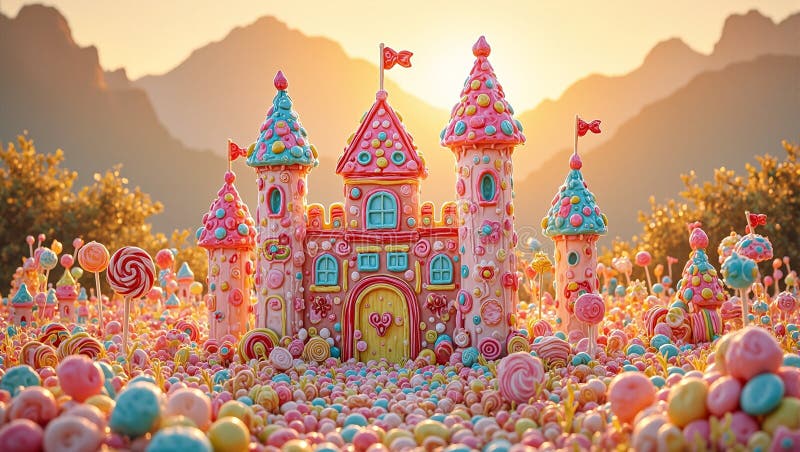 Magical Candy Castle in Glowing Sunset Scene Stock Illustration ...