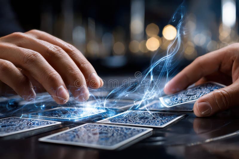Magical Card Manipulation with Glowing Effects at a Dimly Lit Table ...