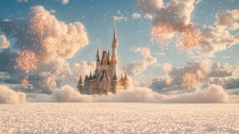 Magical Castle Ed by Clouds and Fireworks in Dreamy Golden Light Stock ...