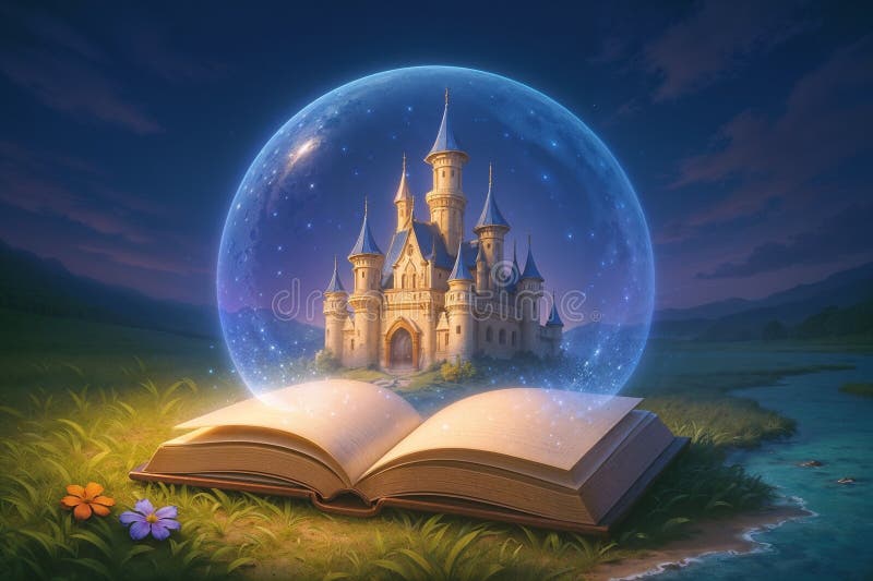 Magical Castle Emerging from Open Book Under Glowing Dome for Fantasy ...