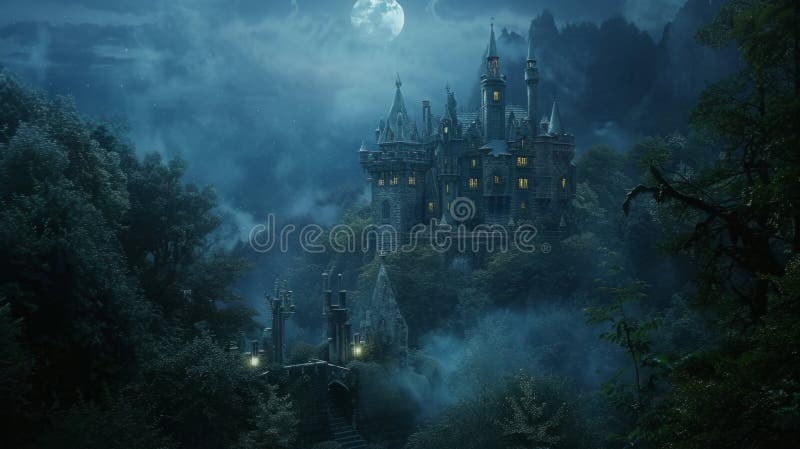 A Magical Castle Enveloped by a Mystical Forest Under the Moon S Light ...