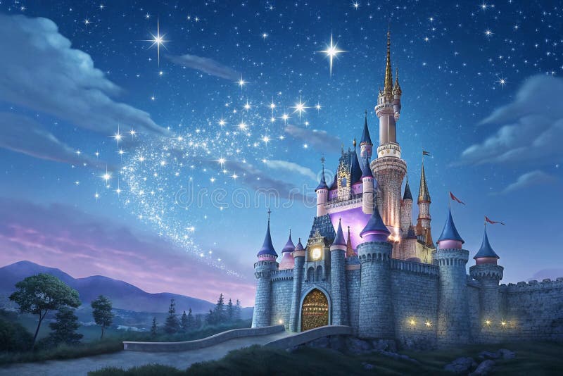 Magical Castle at Night with Sparkling Sky Stock Illustration ...