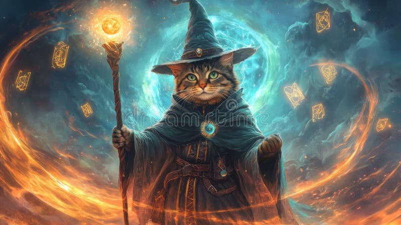A Magical Cat Casting a Spell Under a Glowing Moon in a Mystical Forest ...
