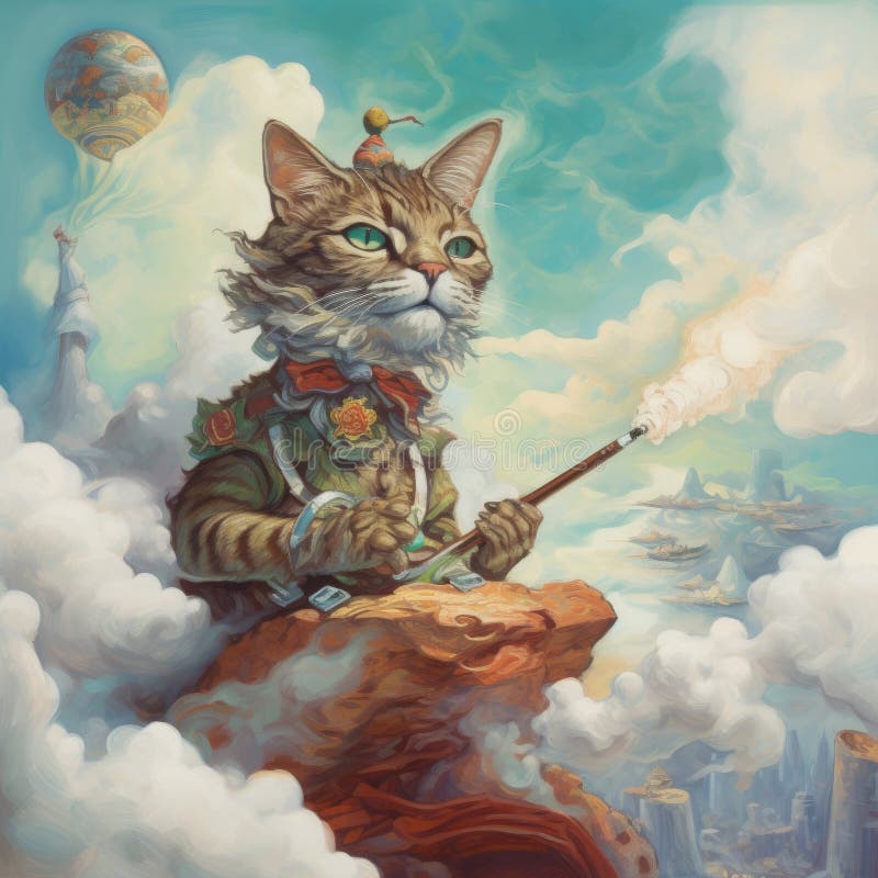 A Magical Cat Flying on the Clouds in Blue Sky Generative AI Stock ...