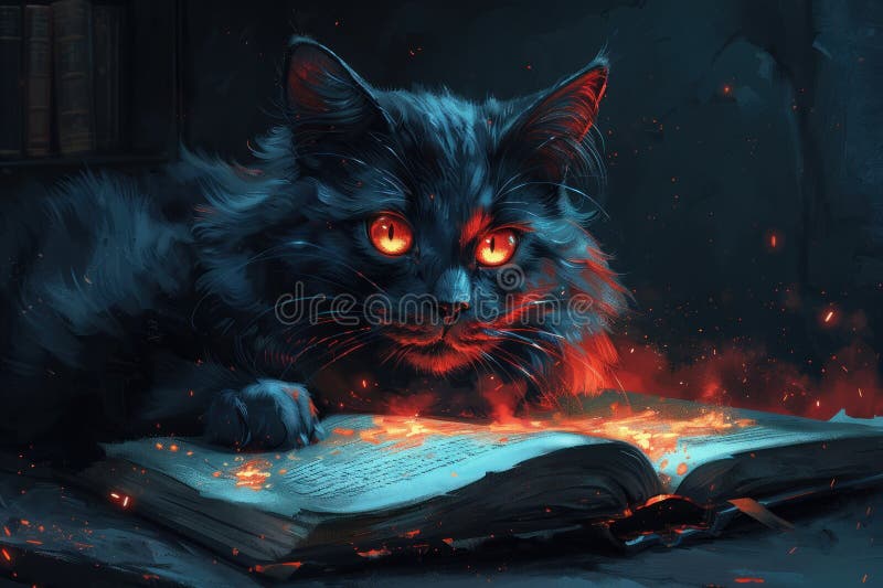 A Magical Cat with Glowing Eyes Reading a Spell Book in an Ancient ...
