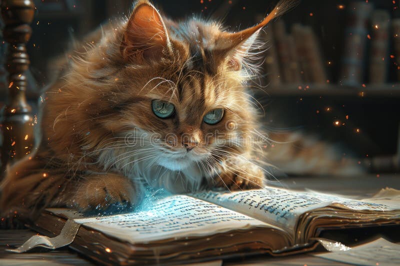 A Magical Cat with Glowing Eyes Reading a Spell Book in an Ancient ...