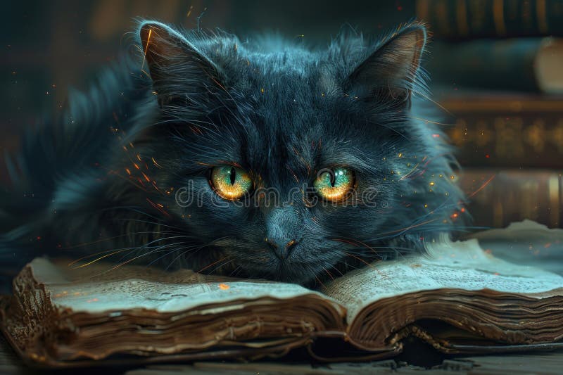 A Magical Cat with Glowing Eyes Reading a Spell Book in an Ancient ...