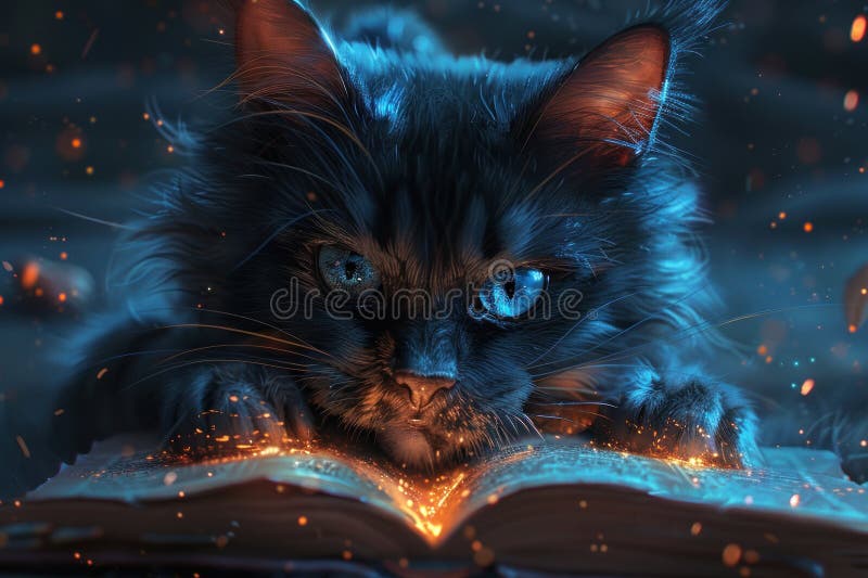 A Magical Cat with Glowing Eyes Reading a Spell Book in an Ancient ...