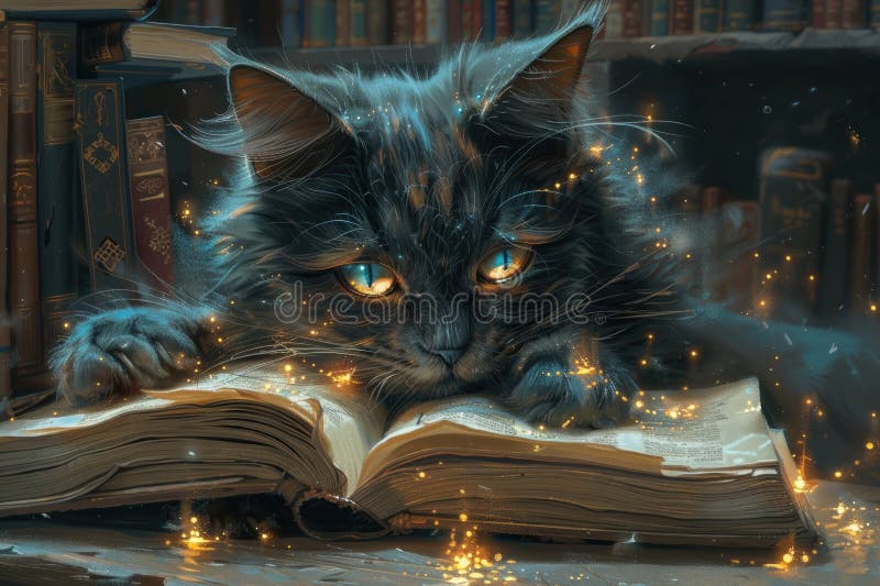 A Magical Cat with Glowing Eyes Reading a Spell Book in an Ancient ...