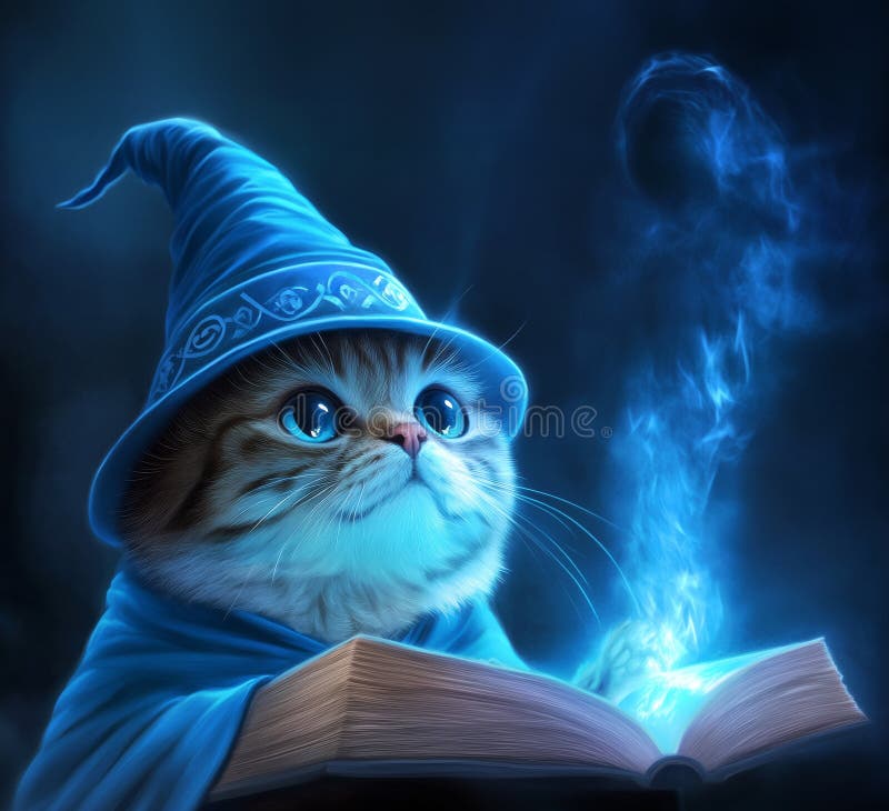 Magical Cat in Wizard Hat Reading a Spellbook Stock Illustration ...