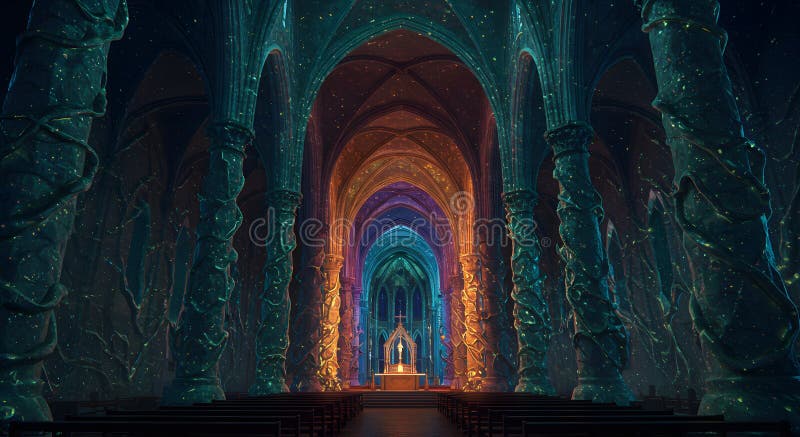 Magical Cathedral Interior with Glowing Pillars and Celestial Dust ...